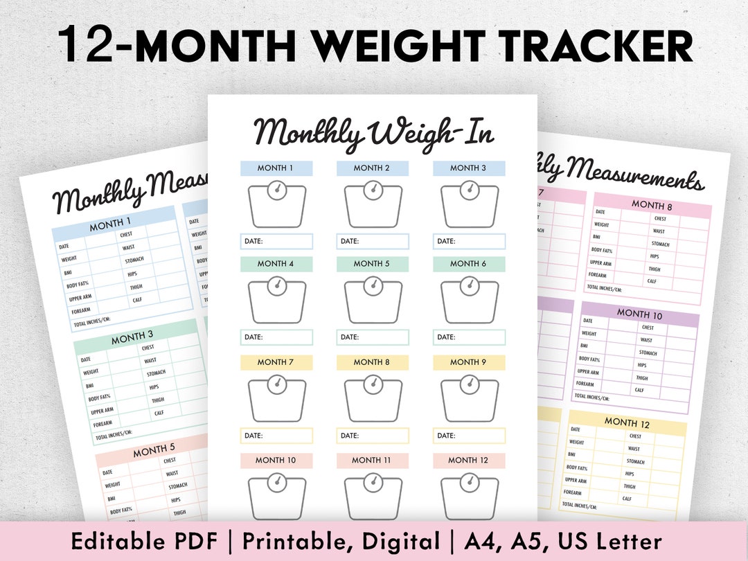 Monthly Weight Loss Tracker, Printable, Digital, Editable PDF, 12 Month ...