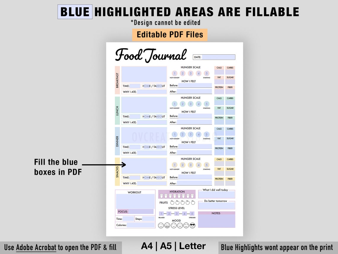 Editable Food Journal | Printable, Digital | Food Diary, Daily Food ...