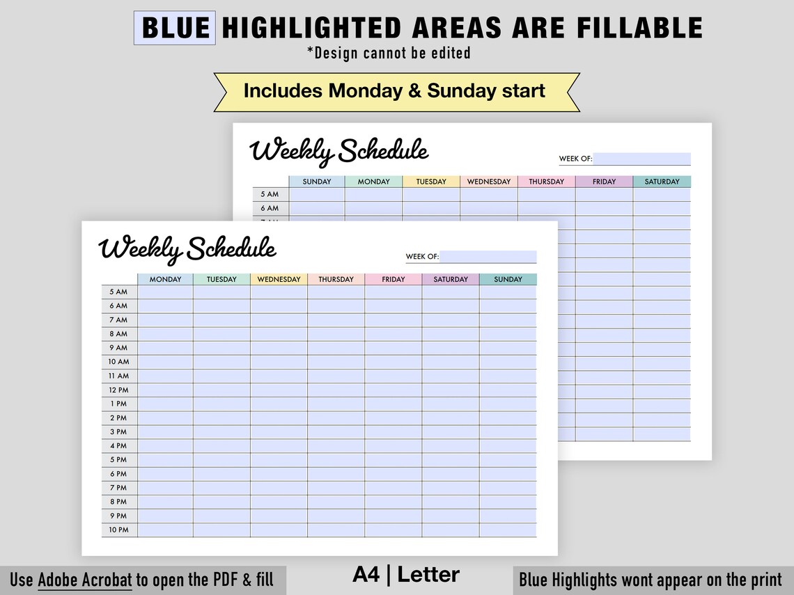 Editable Weekly Schedule Printable Weekly Planner Hourly - Etsy UK
