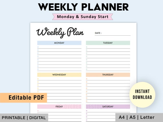 Editable Weekly Planner Printable Digital Weekly Planner - Etsy