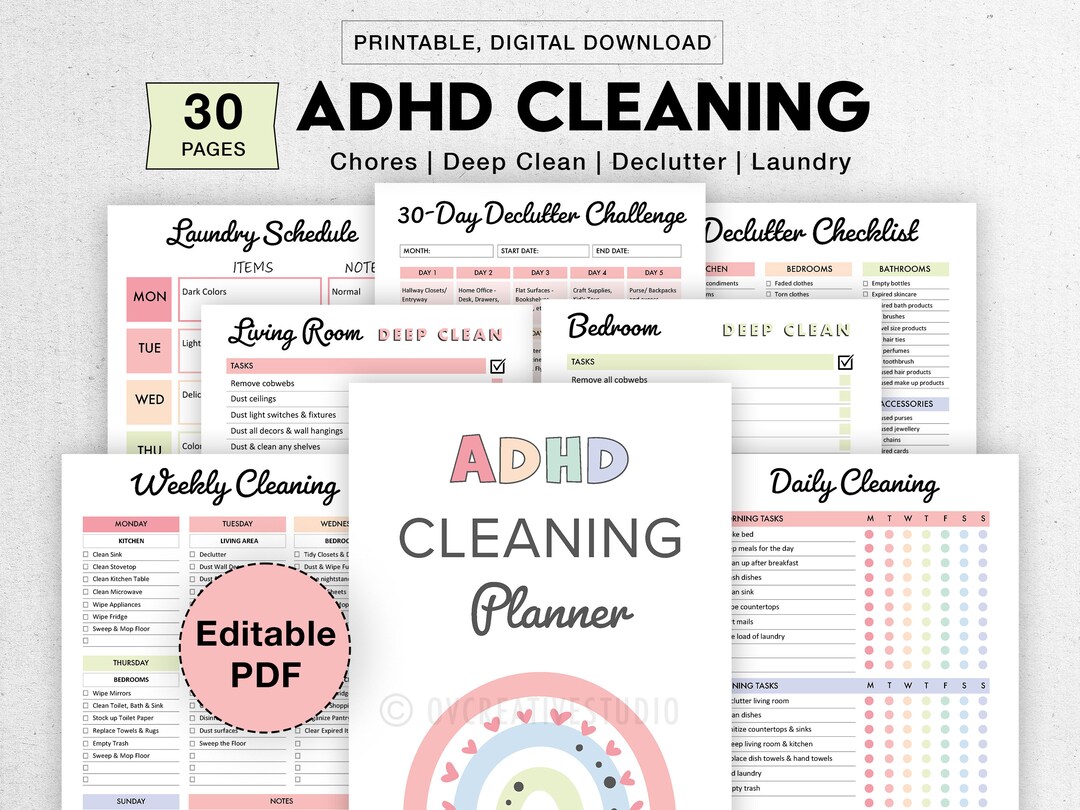 Editable ADHD Cleaning Planner Bundle, Printable, Weekly, Monthly ...