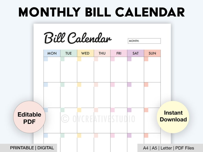 Editable Bill Calendar | Printable Monthly Bill Planner | Monthly Bill ...