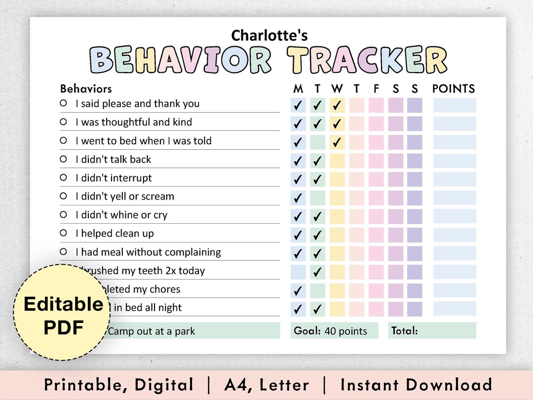 Behavior Reward Chart for Kids Printable Editable Digital - Etsy