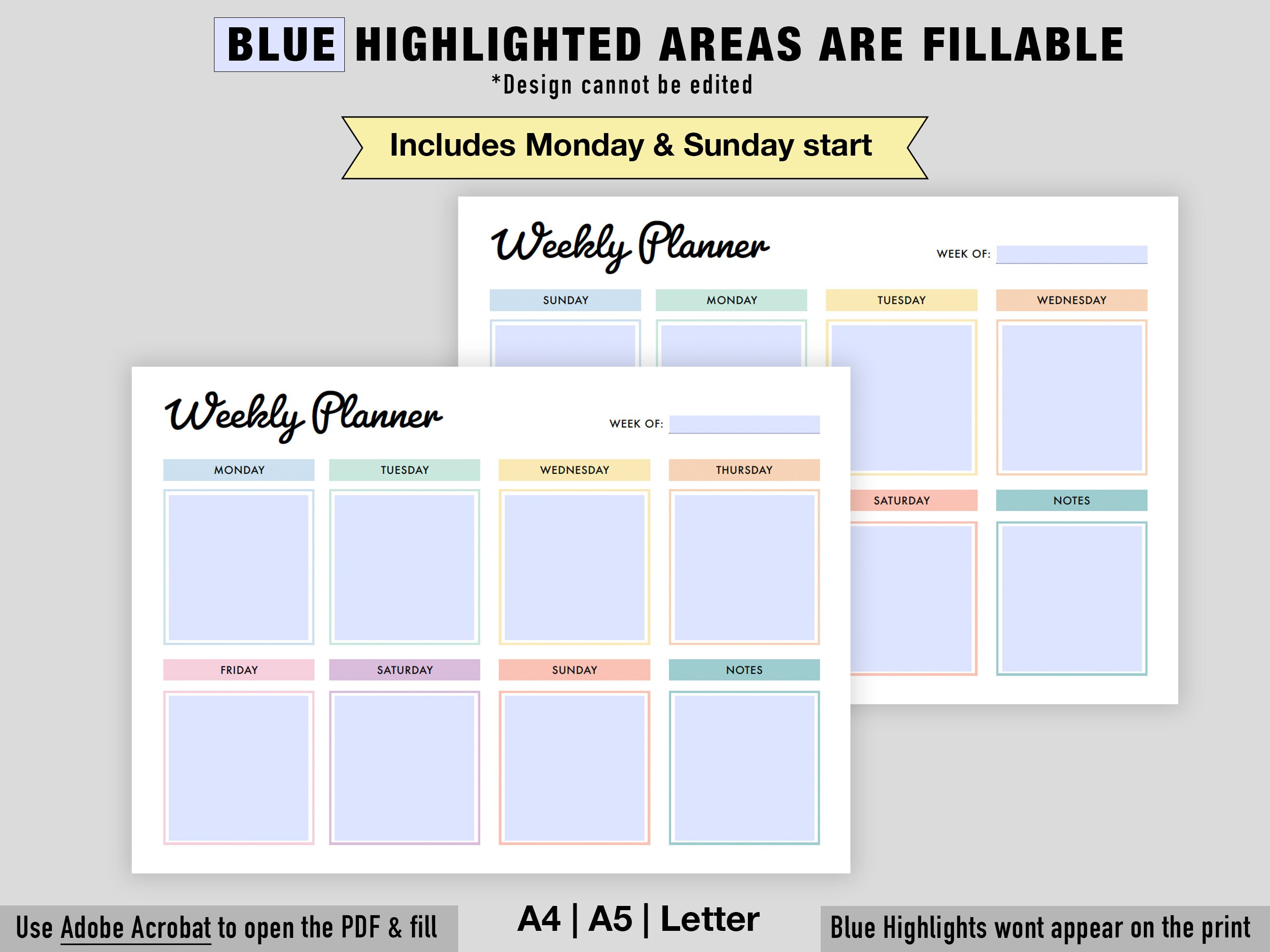Editable Weekly Planner Printable Digital Weekly Planner - Etsy