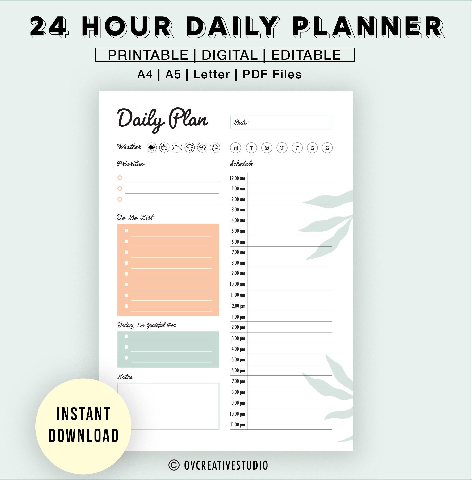 24 Hour Daily Planner Schedule | Printable Daily Planner, to Do List ...