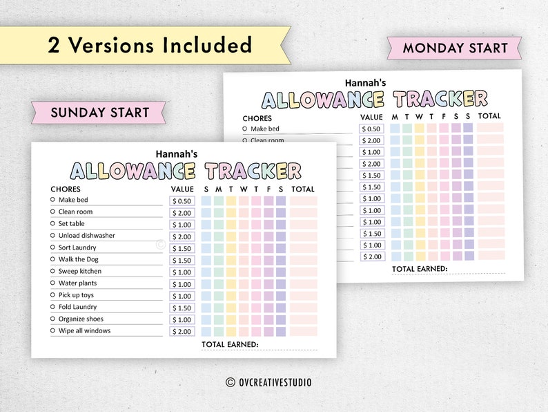 Editable Allowance Tracker Kids | Earn Money Chart | Daily Weekly ...