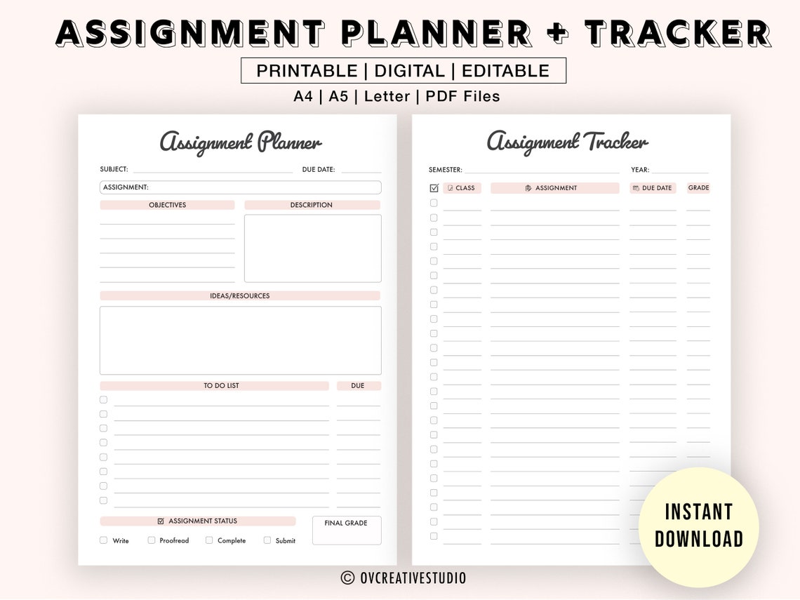 Editable Assignment Planner Assignment Tracker Study | Etsy