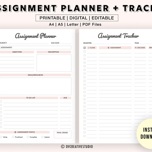 Editable Assignment Planner Assignment Tracker Study - Etsy
