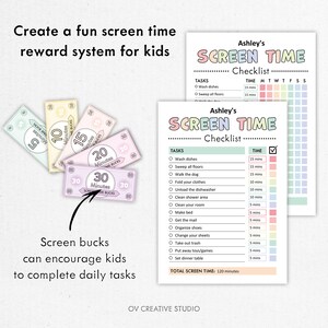 Editable Screen Time Chart, Printable Screen Reward Bucks, Reward Chart ...