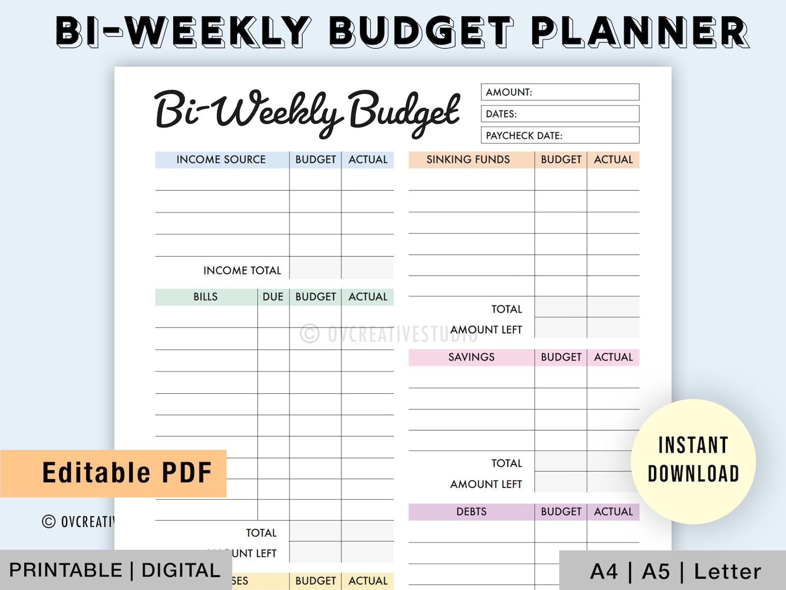 Editable Bi-weekly Budget Planner | Printable, Digital | Personal ...