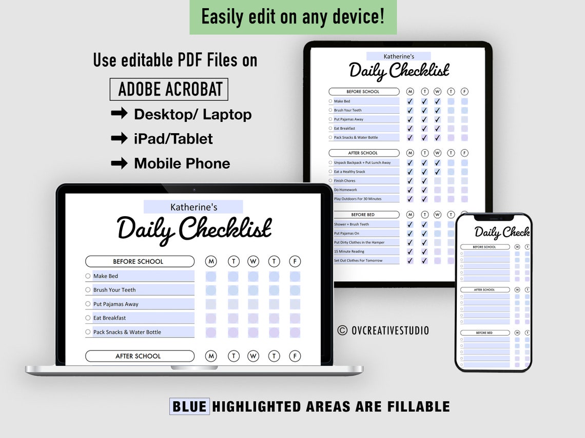 Editable Daily Checklist for Kids | Printable | Kids Responsibility ...