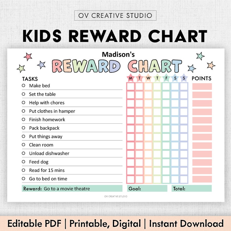 Tableau de récompenses MODIFIABLE pour les enfants | PDF numérique ...