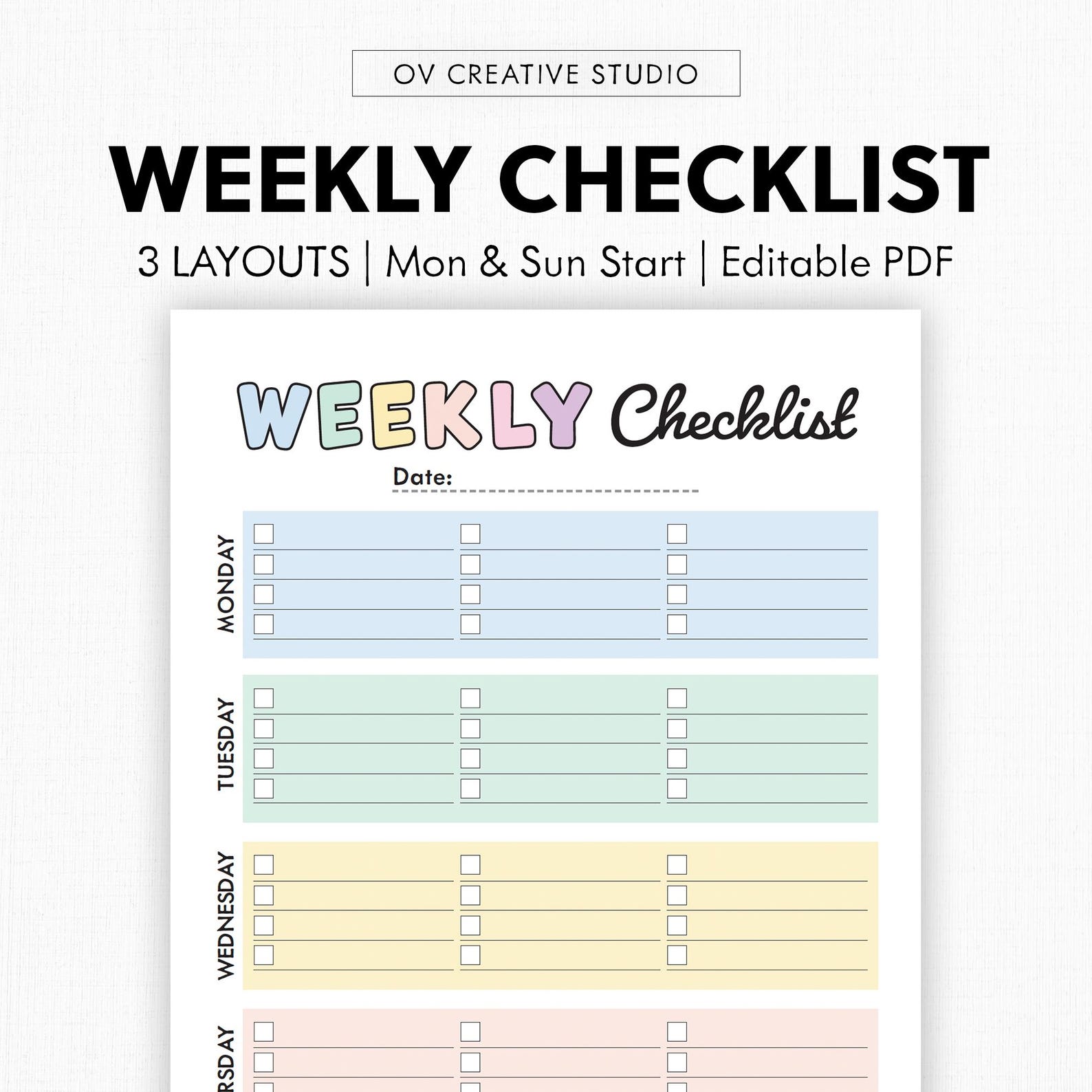 Editable Weekly Checklist | Printable, Digital | Weekly Planner PDF ...