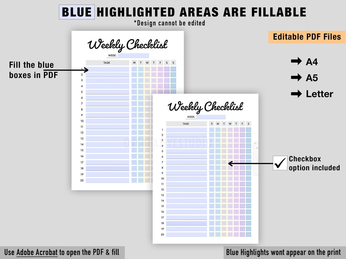 Editable Weekly Checklist Printable Weekly to Do List - Etsy UK