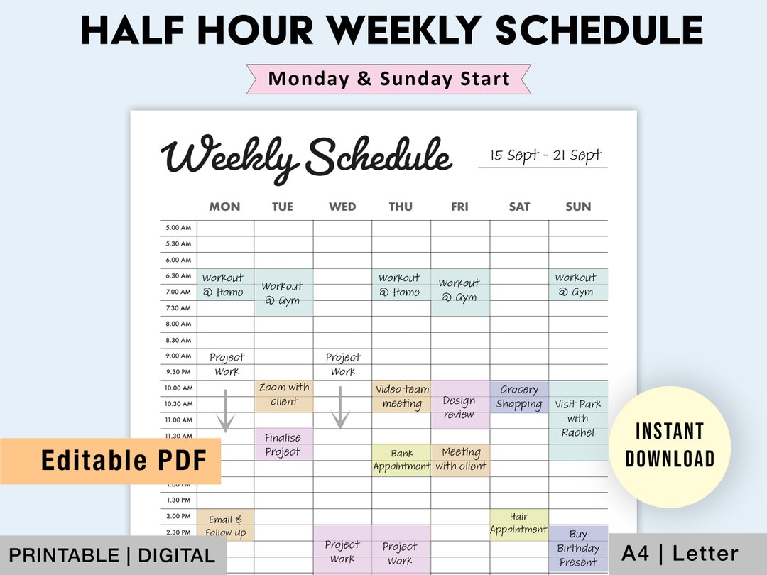 Editable Weekly Schedule Printable | Half Hour Weekly Schedule | Weekly ...