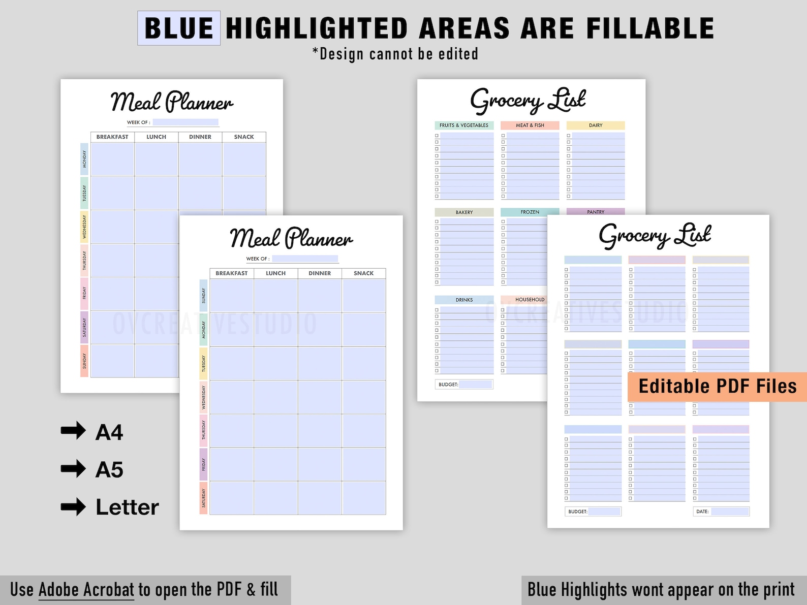 Editable Meal Planner Set Grocery List Printable Meal Prep Grocery List ...