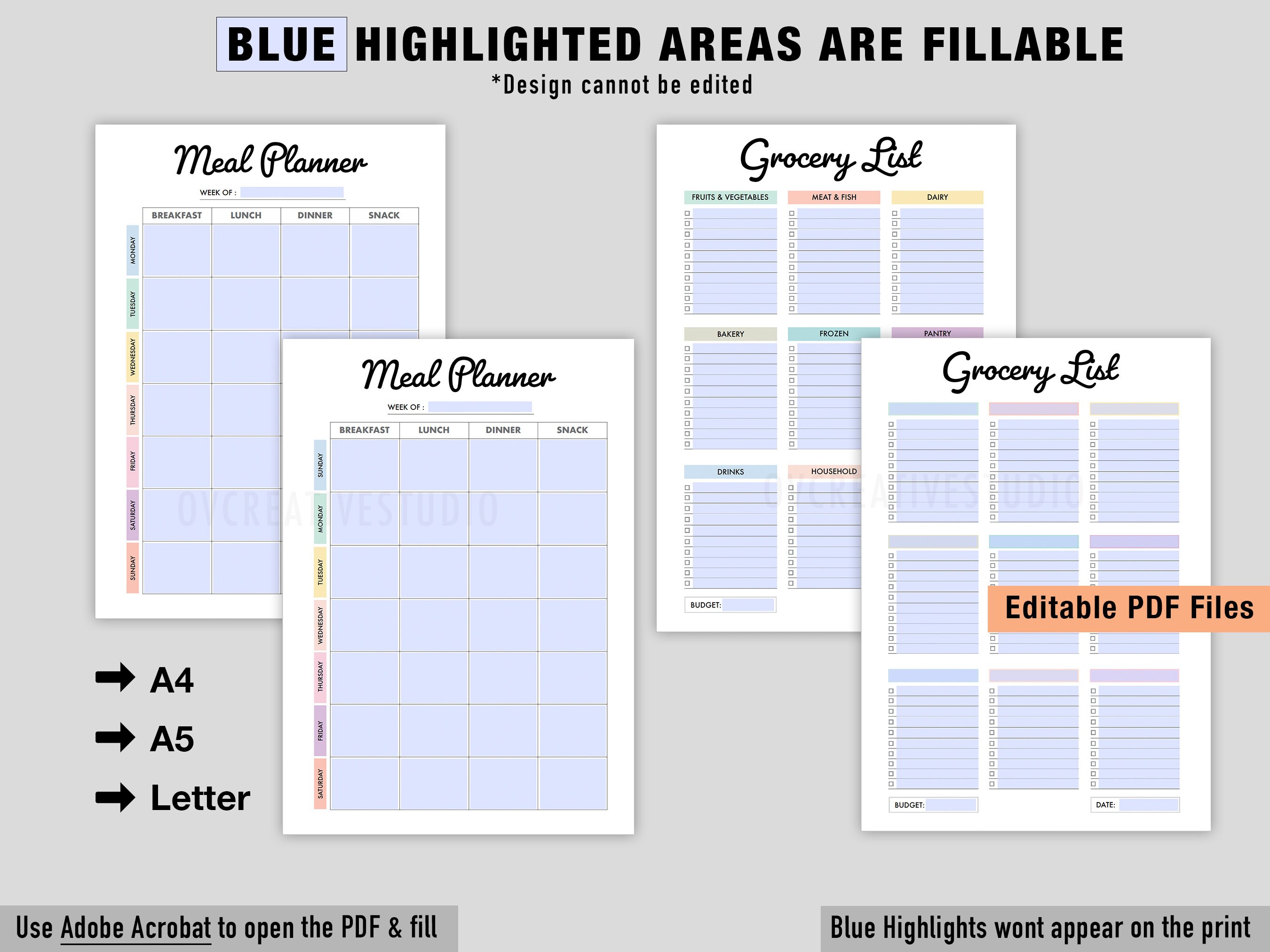 Editable Meal Planner Set | Grocery List | Printable | Meal Prep ...