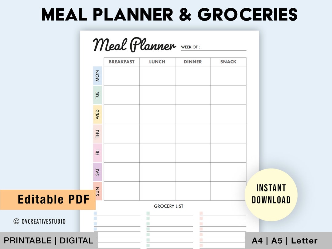 Meal Planner and Grocery List | Printable, Editable, Digital | Meal ...