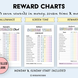 Editable Kids Chore Charts, Reward, Allowance, Screen Time, School ...