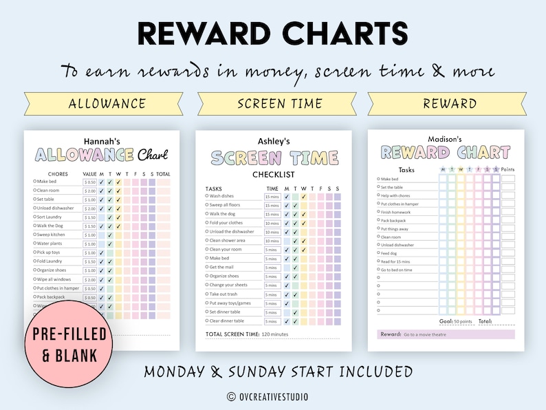 Editable Kids Chore Charts Reward Allowance Screen Time - Etsy UK