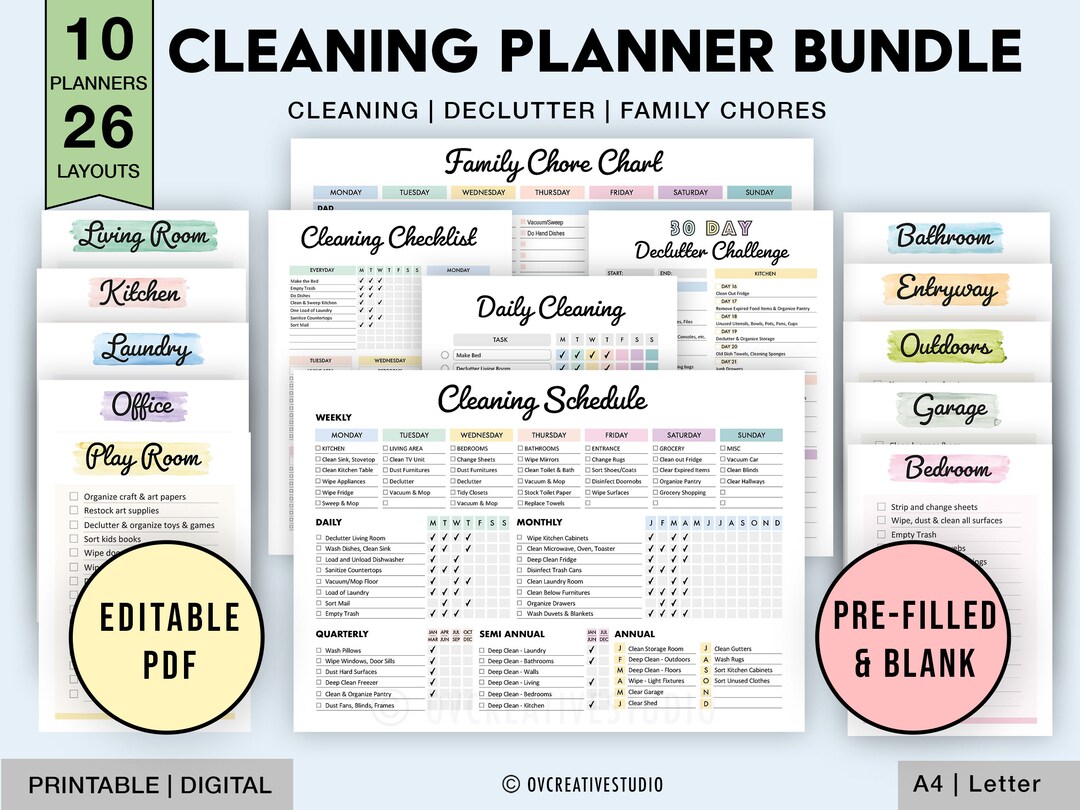 EDITABLE Cleaning Schedule Bundle, Printable, Weekly, Monthly, Yearly ...