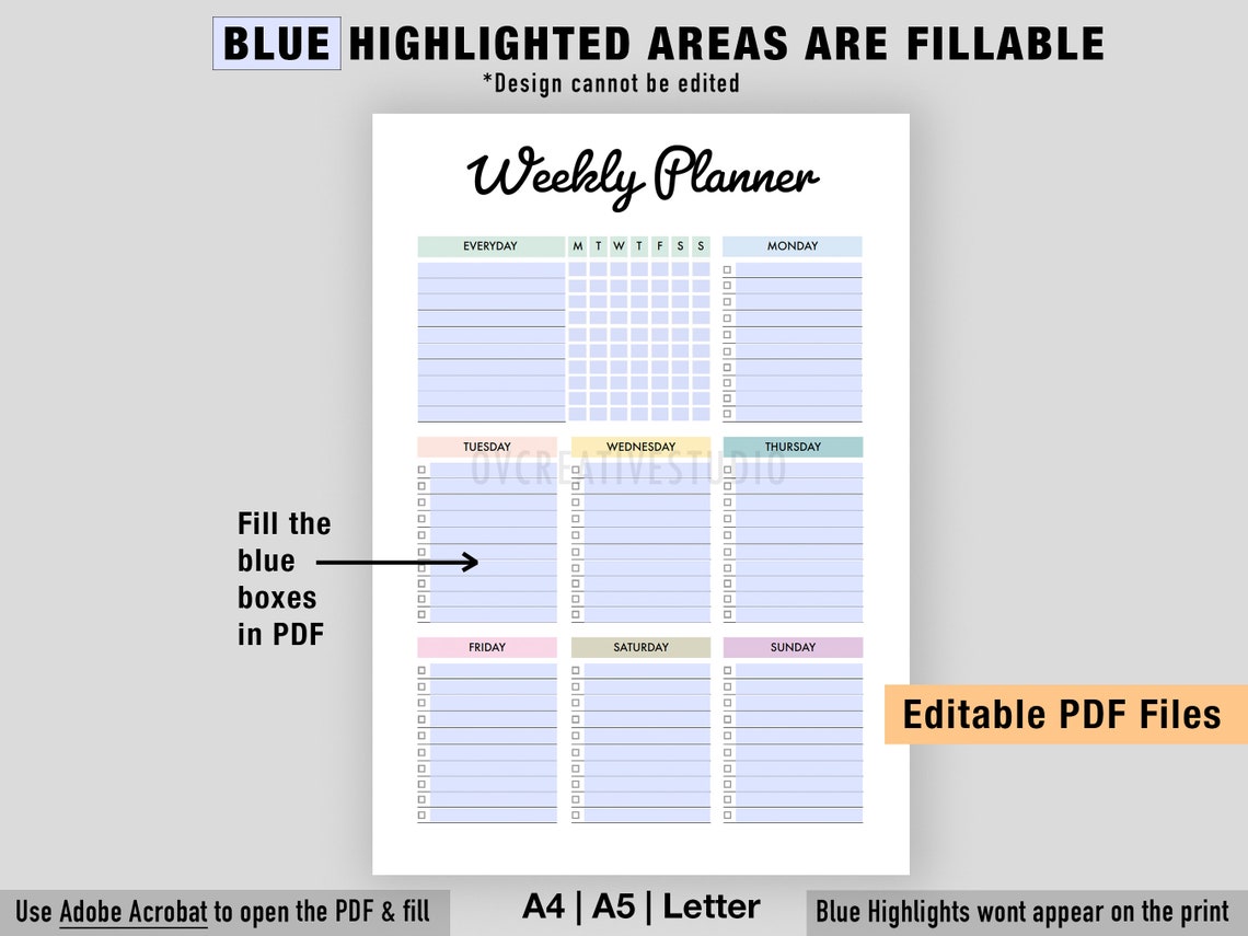 Editable Weekly Planner Printable Digital Weekly Planner - Etsy
