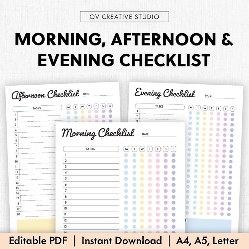 Editable Daily Checklist Printable | Morning, Afternoon, Evening ...