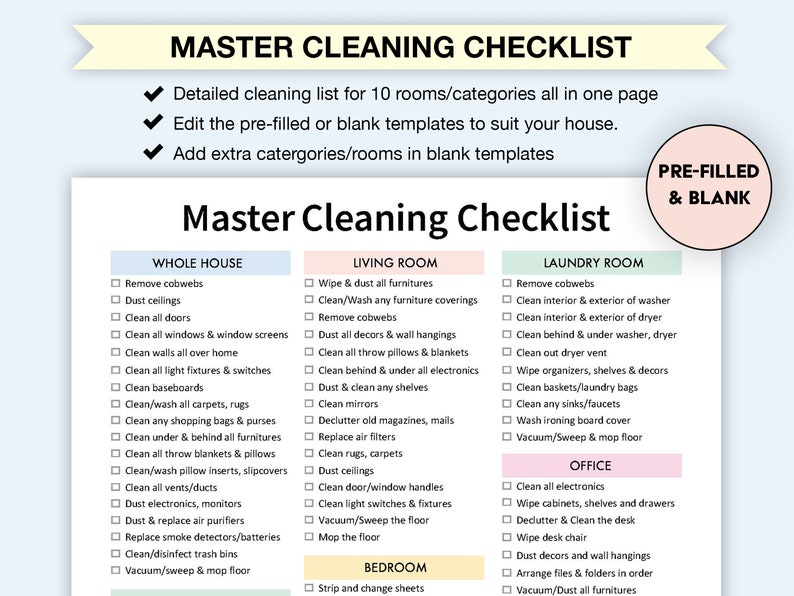 Editable Master Cleaning Checklist Printable House Chore - Etsy UK