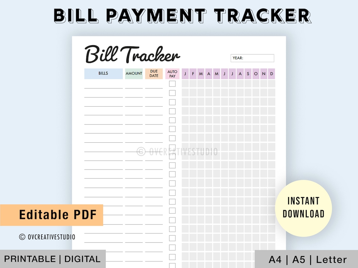 Editable Bill Tracker Yearly Bill Tracker Monthly Bill - Etsy