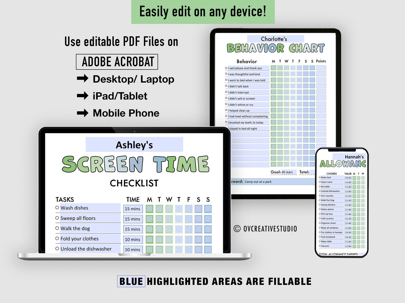 Editable Kids Chore Charts, Reward, Allowance, Screen Time, School ...