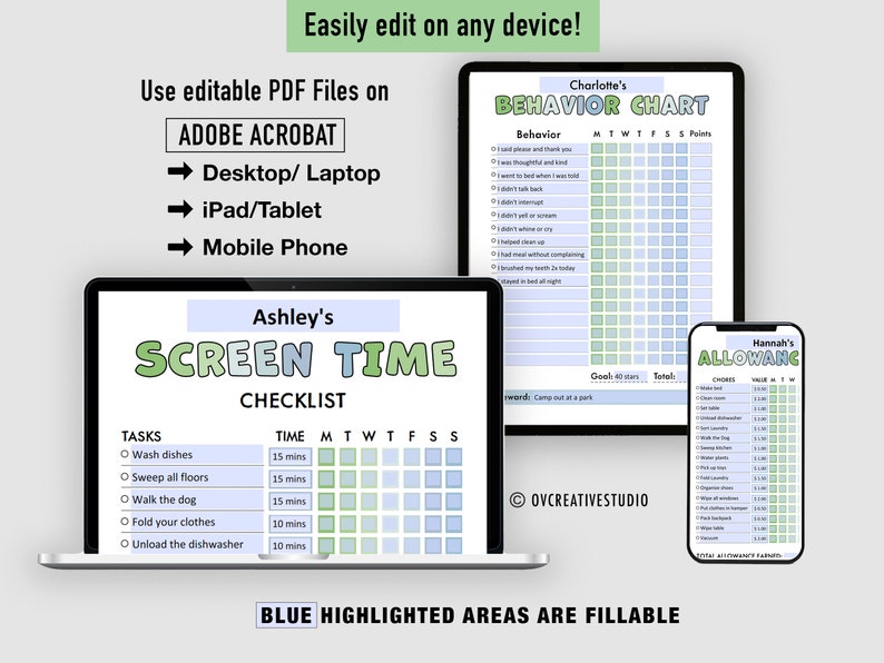 Editable Kids Chore Charts, Reward, Allowance, Screen Time, School ...