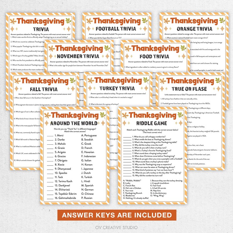 Thanksgiving Games Bundle Printable, Trivia, Emoji Pictionary, Bingo ...
