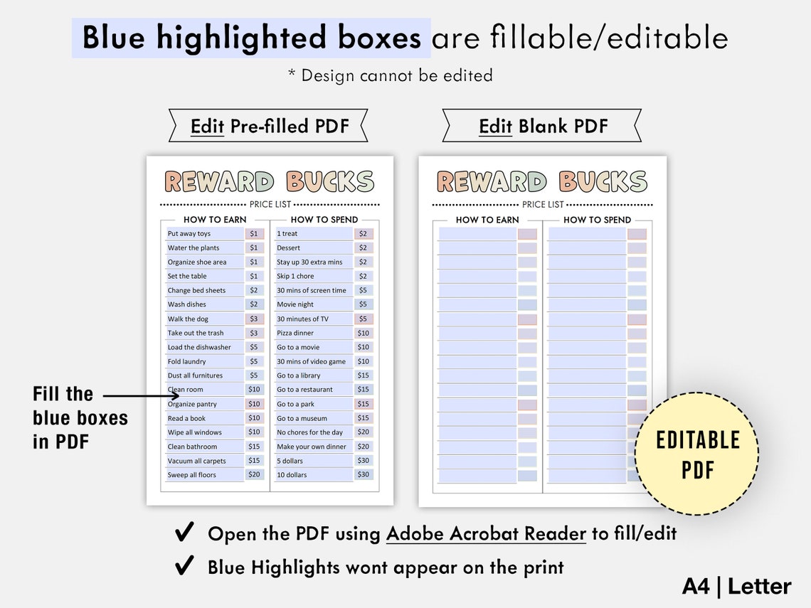 Editable Kids Reward Bucks | Printable | Mom Bucks, PDF Reward System ...