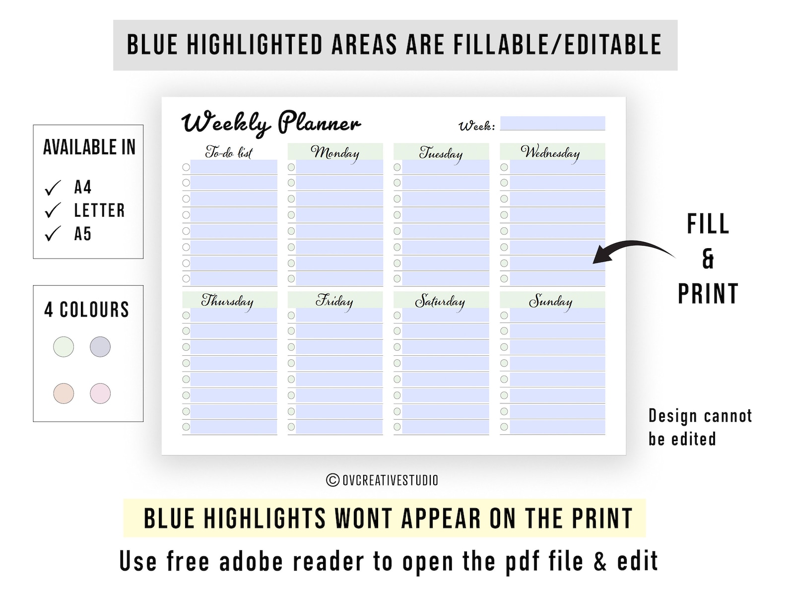 Weekly Planner Printable Editable PDF Digital to Do List | Etsy