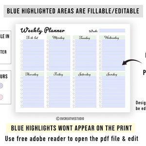 Weekly Planner - Printable, Editable PDF, Digital | to Do List ...