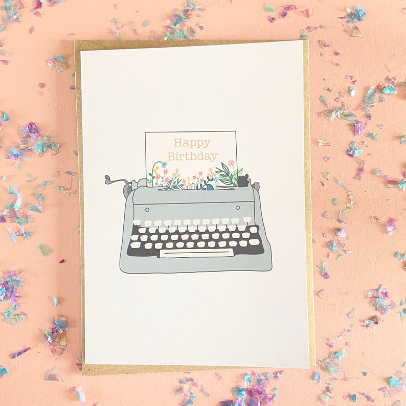 Vintage Style Typewriter, Happy Birthday Card, Flowery Birthday Card ...