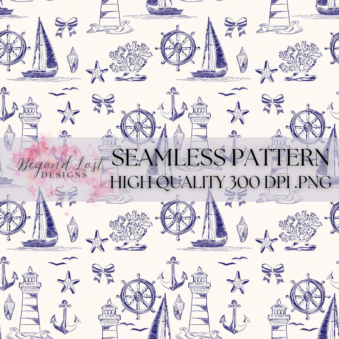 Nautical Toile De Jouy Seamless Pattern Hand Drawn 300 DPI PNG Instant ...