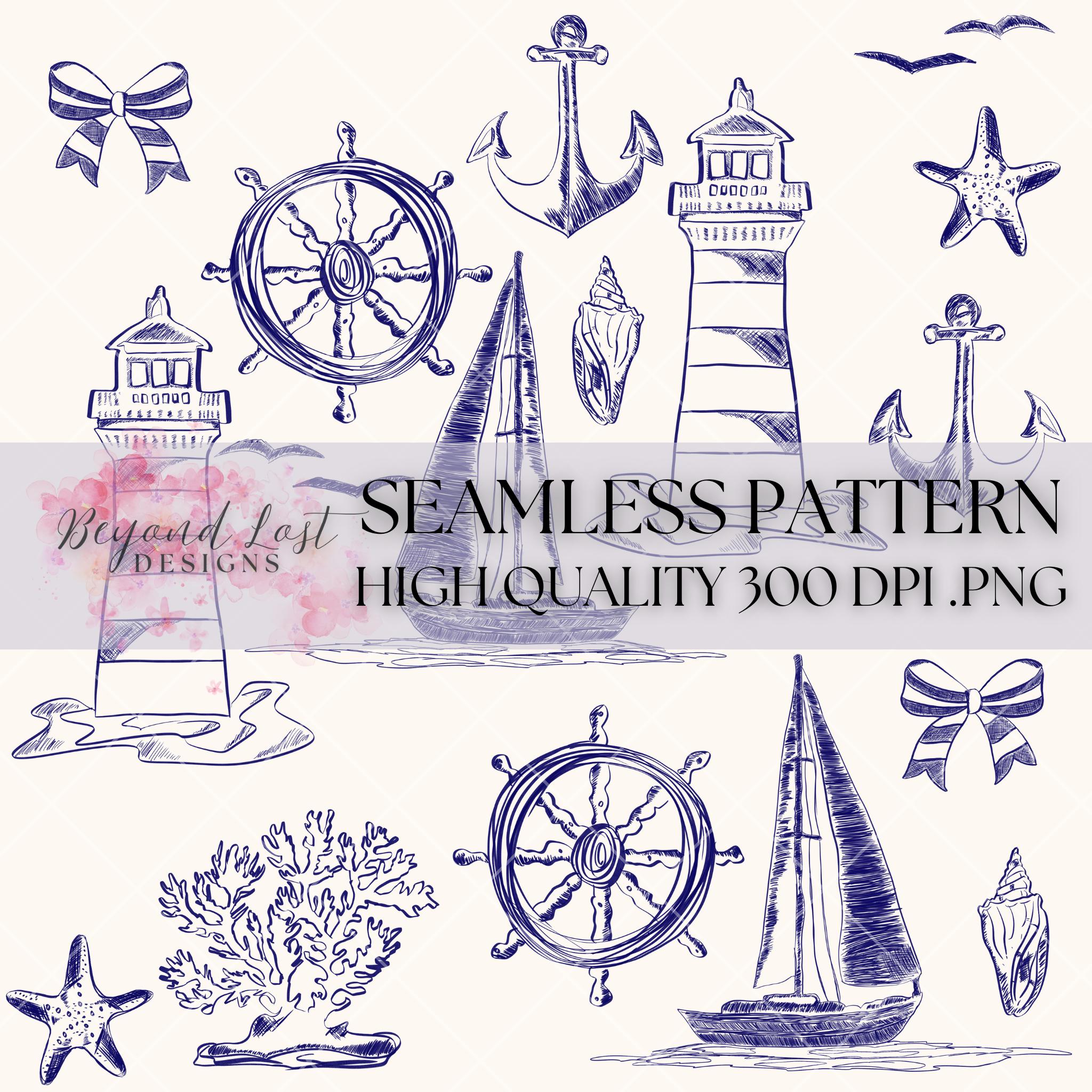 Nautical Toile De Jouy Seamless Pattern Hand Drawn 300 DPI PNG Instant ...