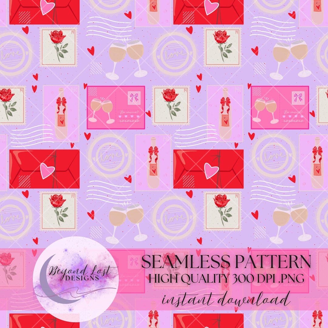 Love Notes Valentine Stamp Seamless Pattern Hand Drawn 300 DPI PNG ...