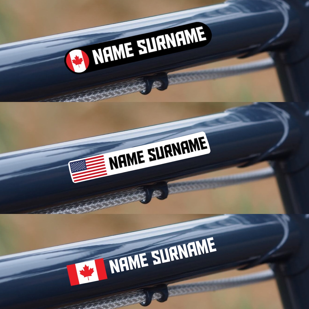 4x Personalised Bike Tag Vinyl Stickers With Your Name and Country Flag ...