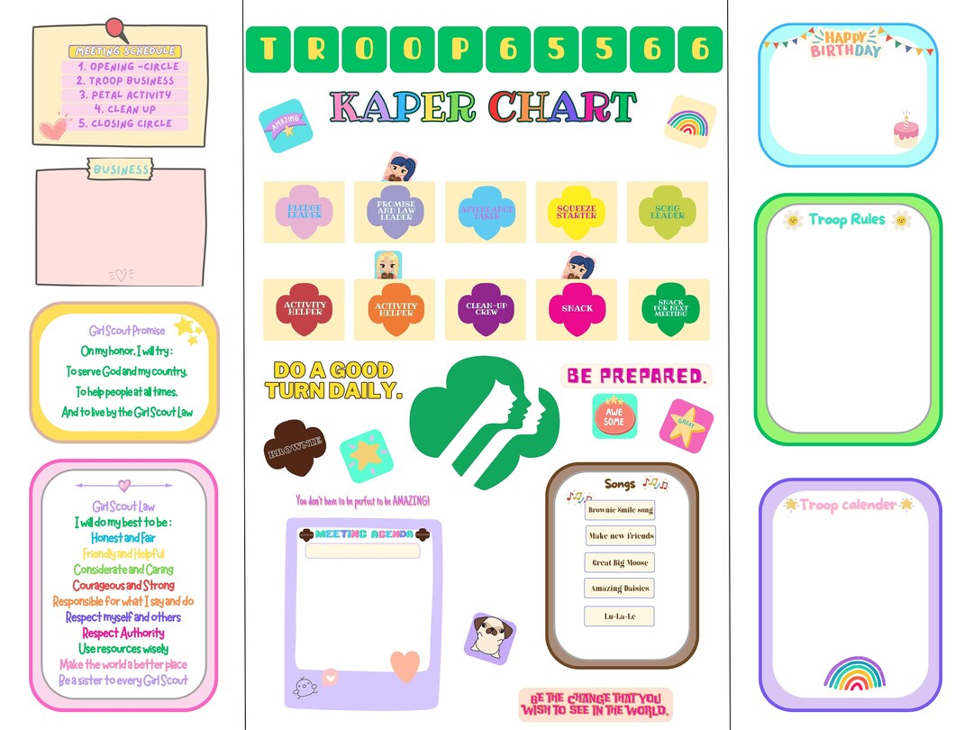 Editable Girl Scout Kaper Chart, Juniors, Troop Leader, Meeting Board ...