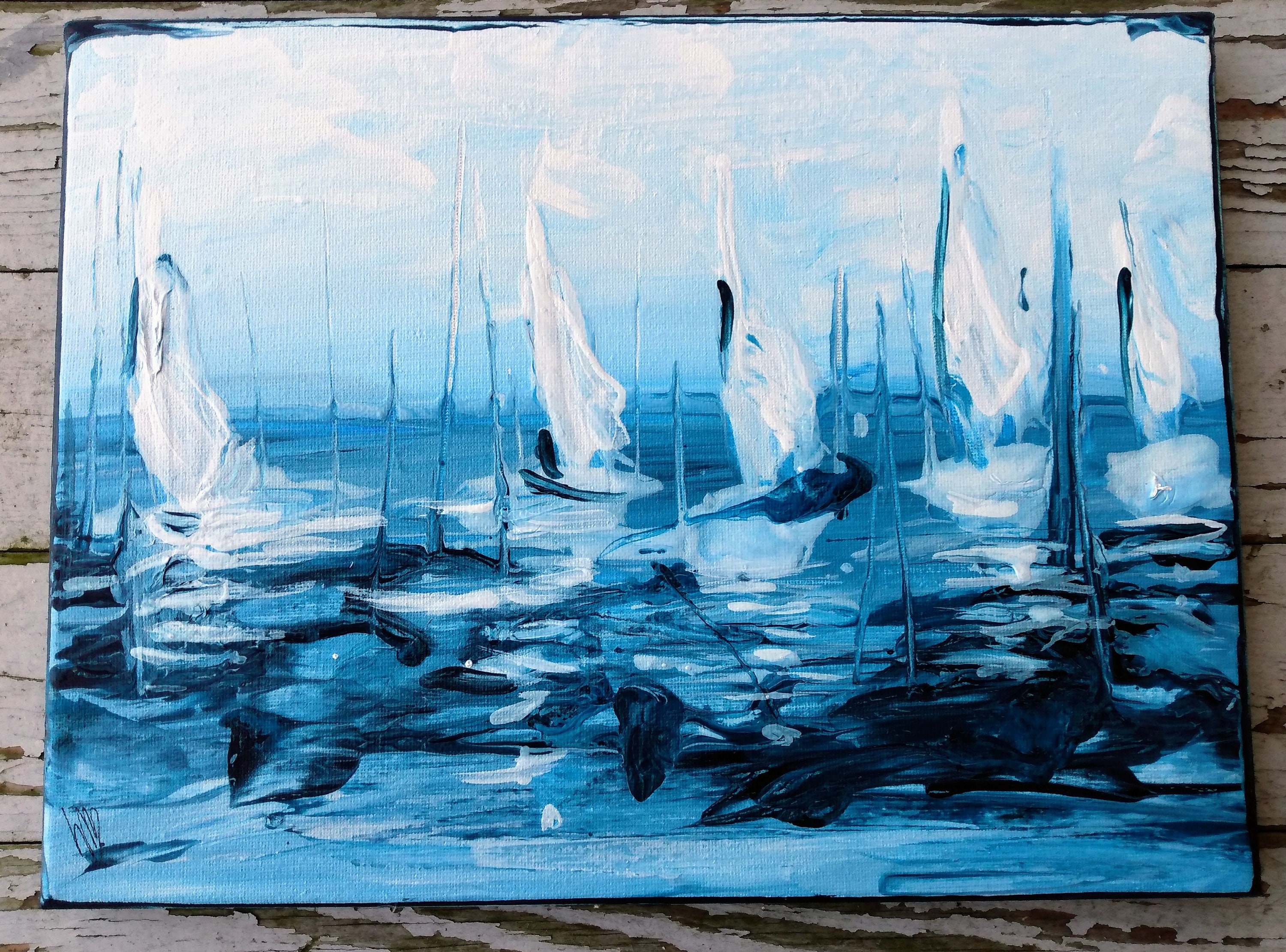 Abstract Sailboats in Harbor Painting/100% Hand Painted Sailboat Canvas ...