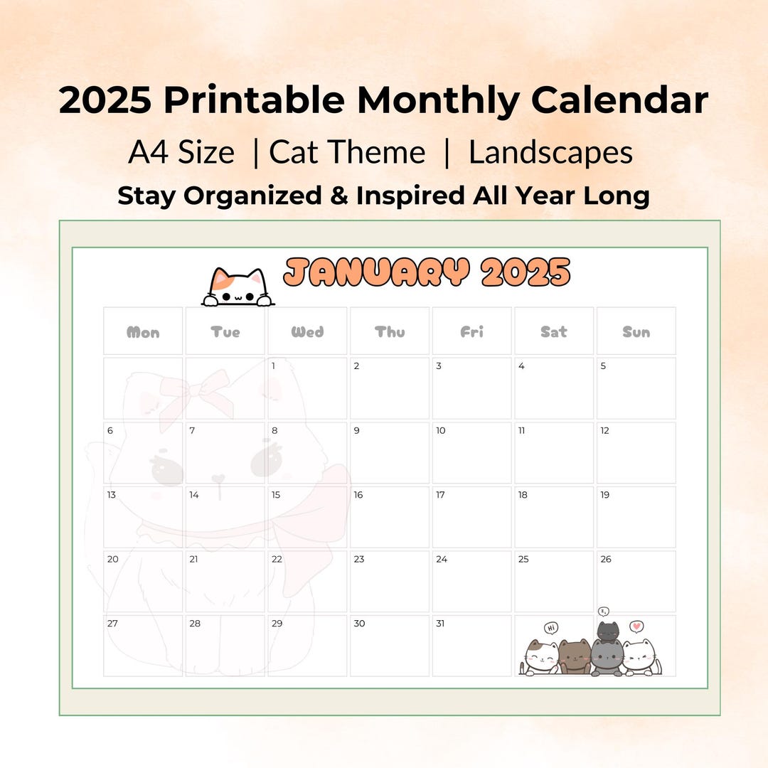 2025 Monthly Calendar, Cute Cat Theme, Printable A4 Planner, Digital ...