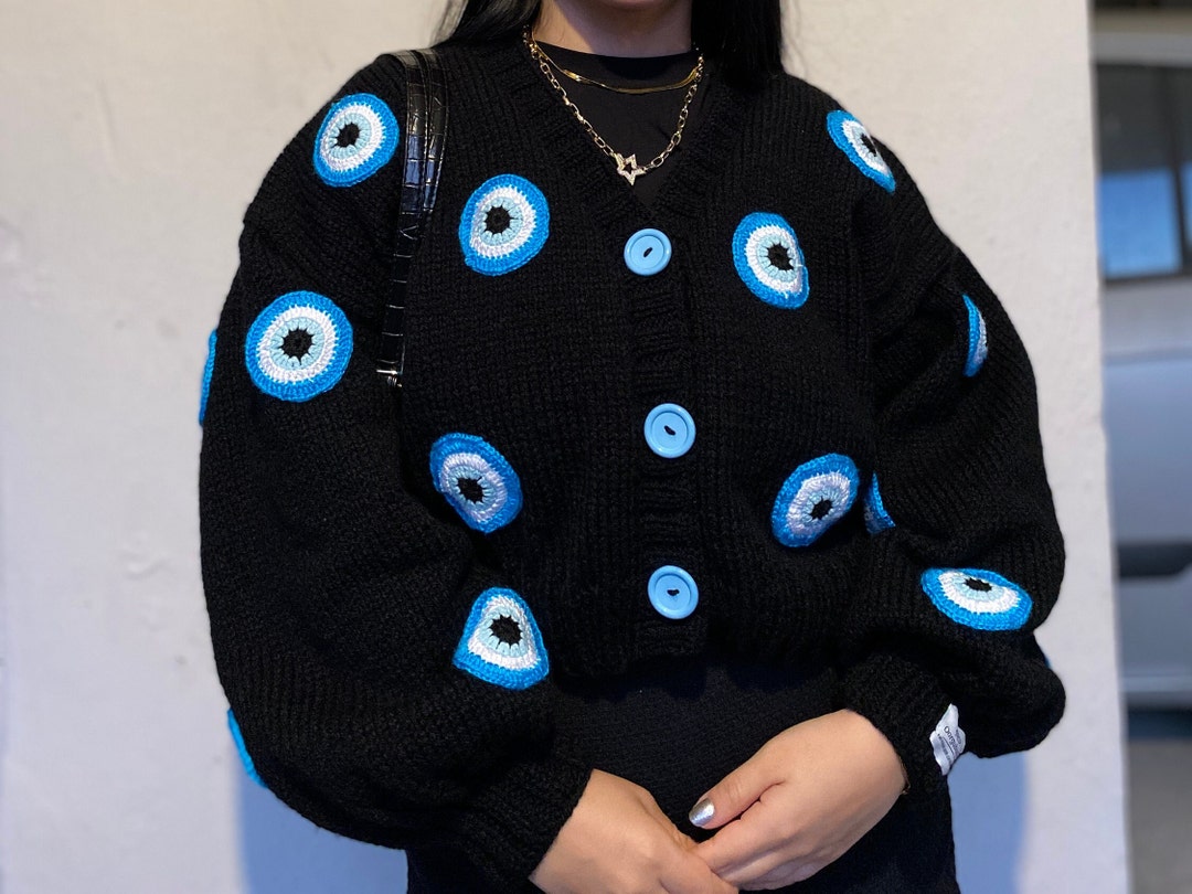 Handmade Wool Knit Cardigan: Evil Eye Design, Oversized Fit - Etsy