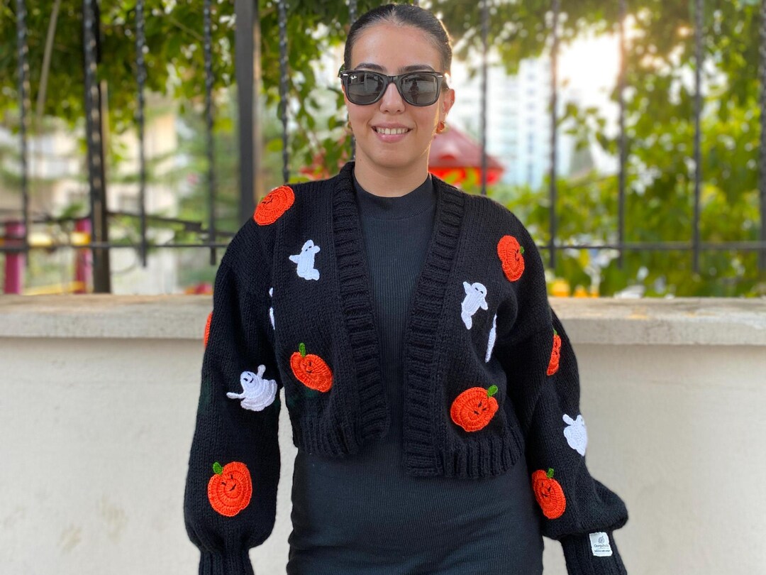 Halloween Chunky Cardigan Handmade Sweater for Women Pumpkin Knit ...