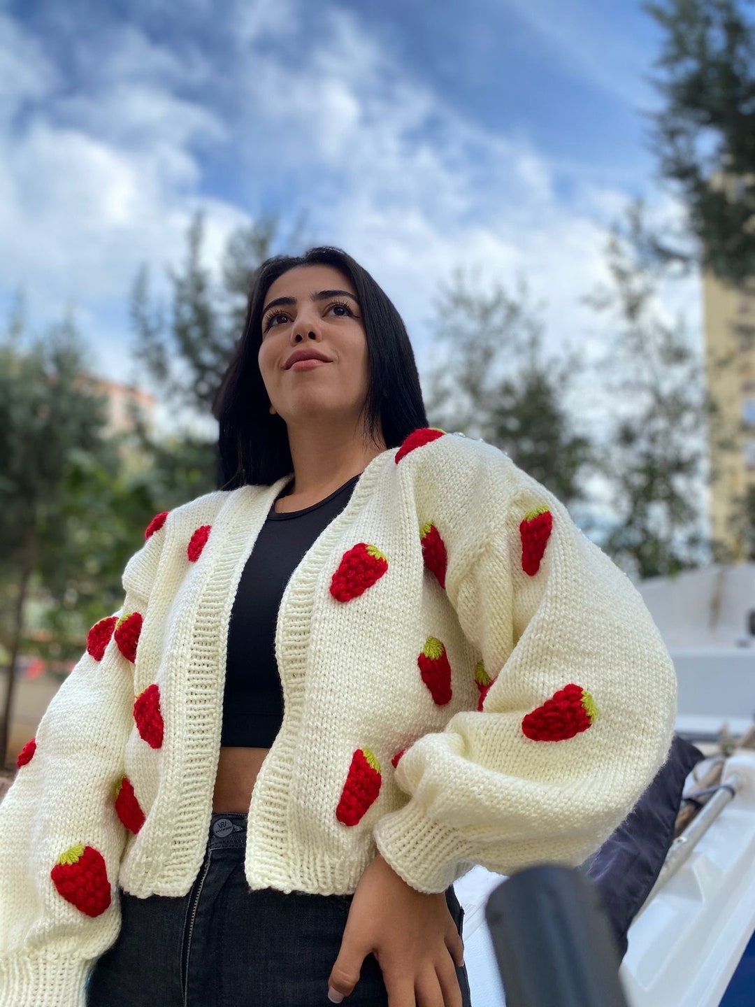 Strawberry Chunky Cardigan | Handmade Sweater for Women | Strawberry ...