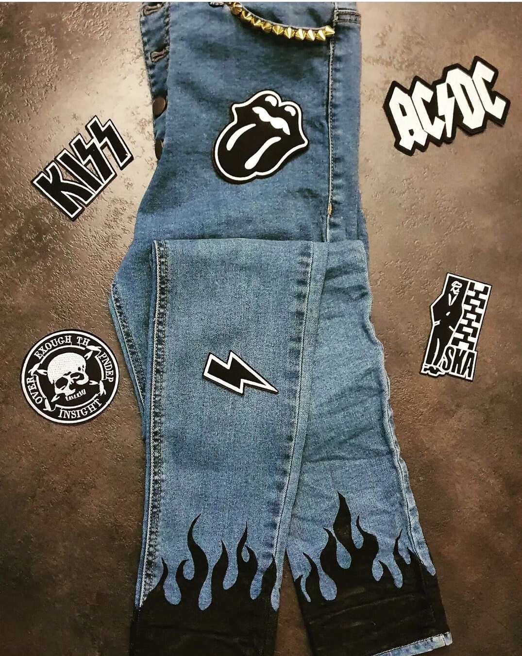 Handpainted Jeans Super High Waist With Flames and Studs - Etsy