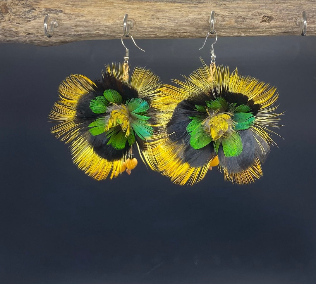 Pair of Exotic Ethnic Tribal Flower Feathers Earrings - Etsy