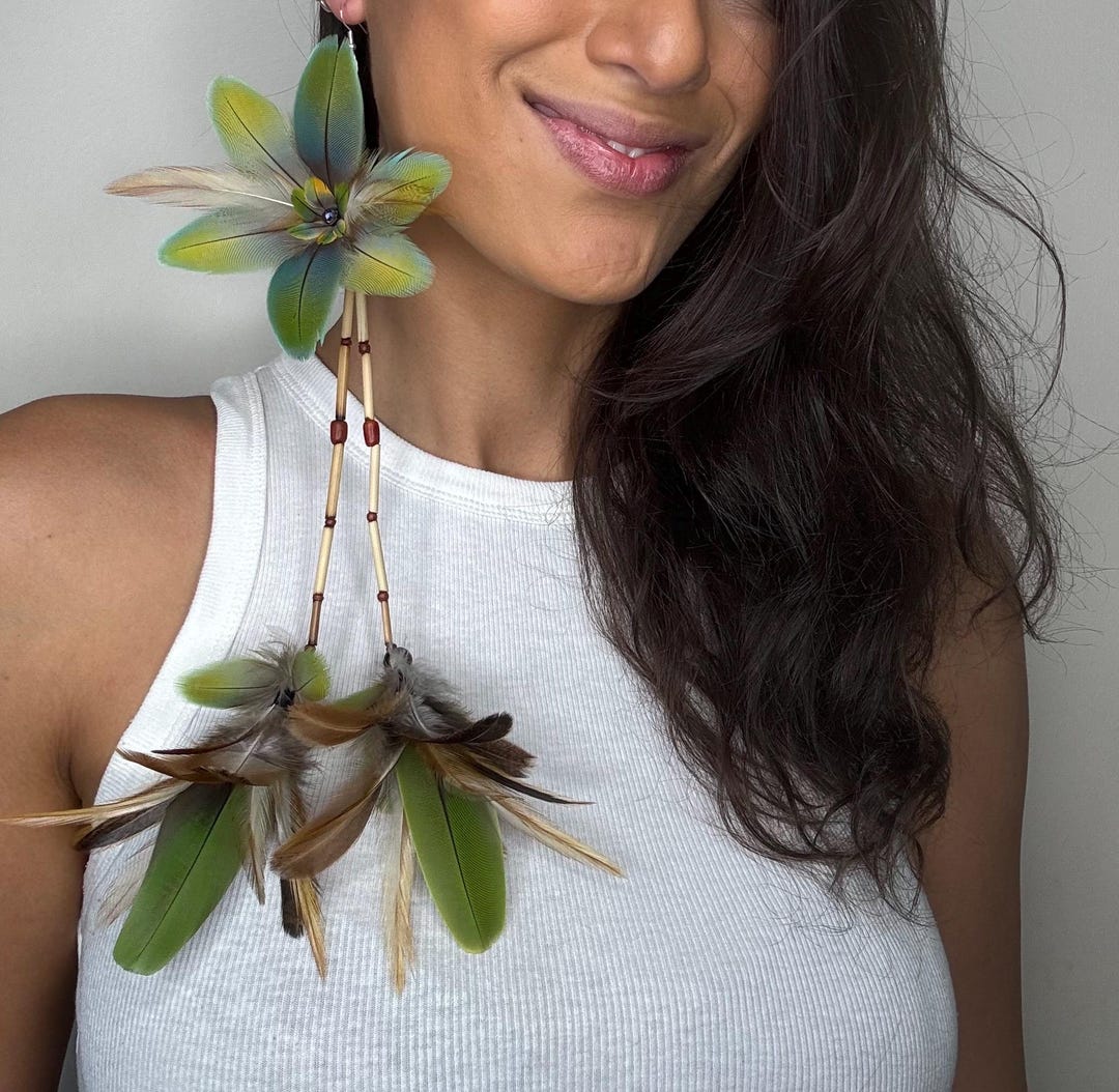 Indigenous Style Super Long Statement Rare Feathers Flower Earring,ceremonial Earrings, Exotic ...