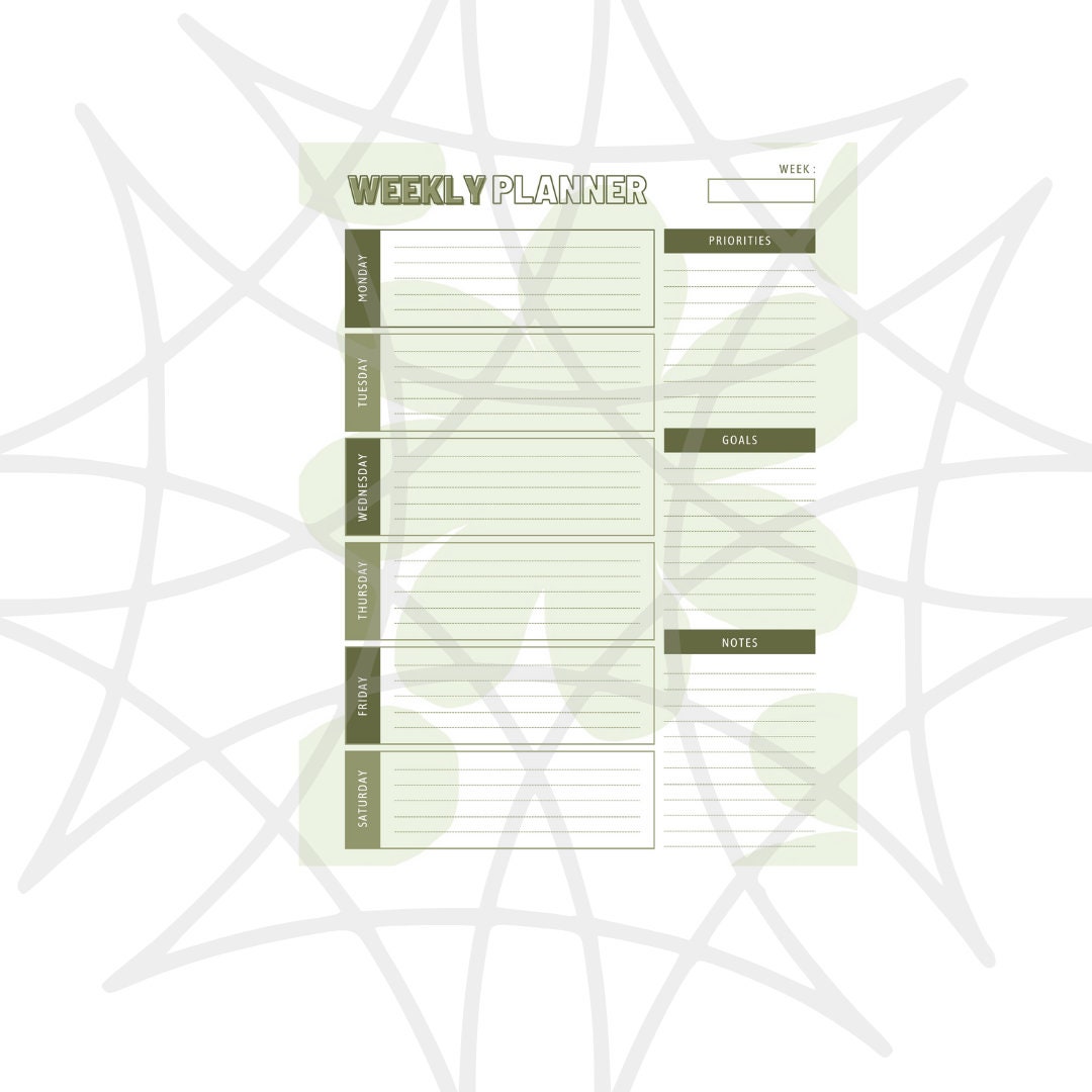 Weekly Planner- 1 PNG Sheet- Green Theme - Etsy